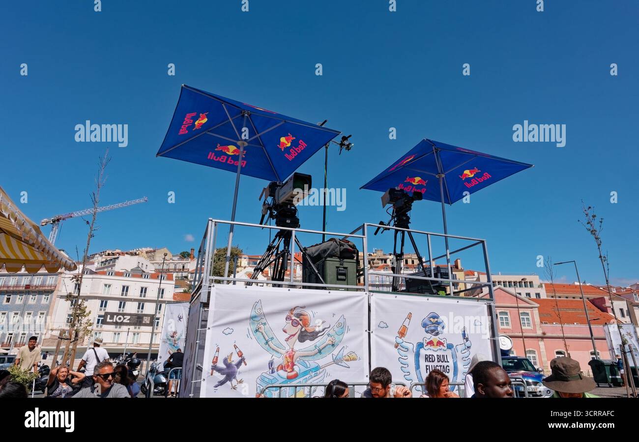 Broadcast cameras under umbrellas filming the Red Bull Flugtag 2024 ...