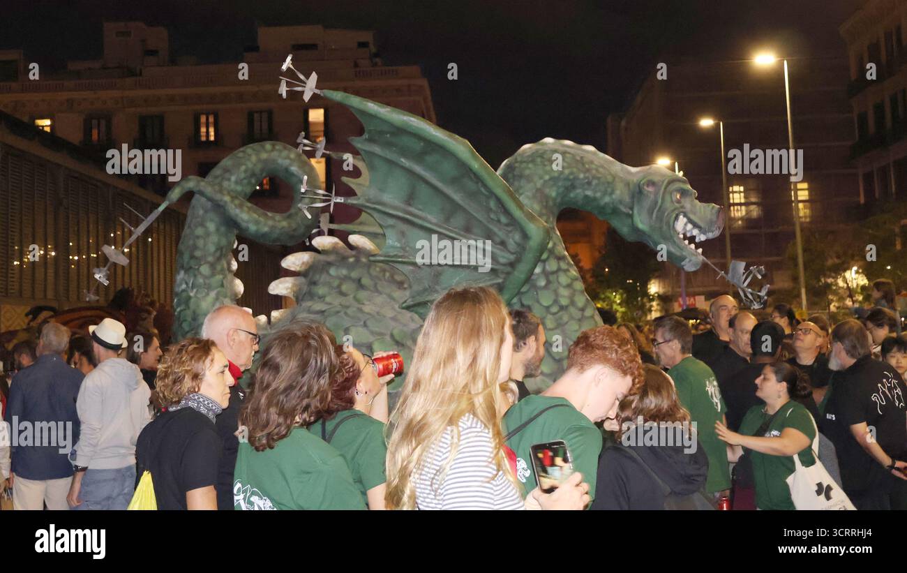 Parade of fire-breathing beasts during La Mercè Festival, Barcelona ...