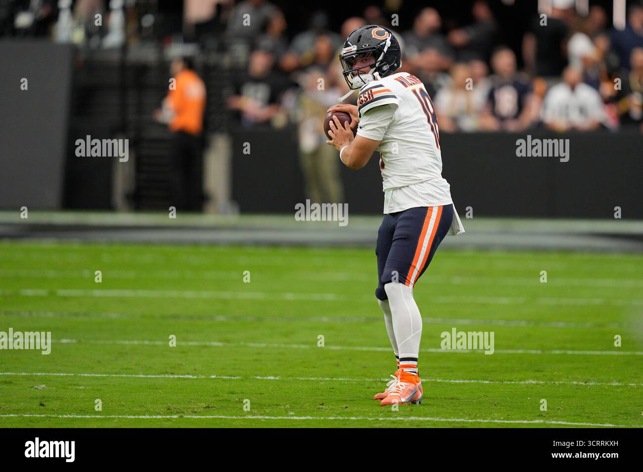 Chicago Bears quarterback Caleb Williams (18) warms up before an NFL ...