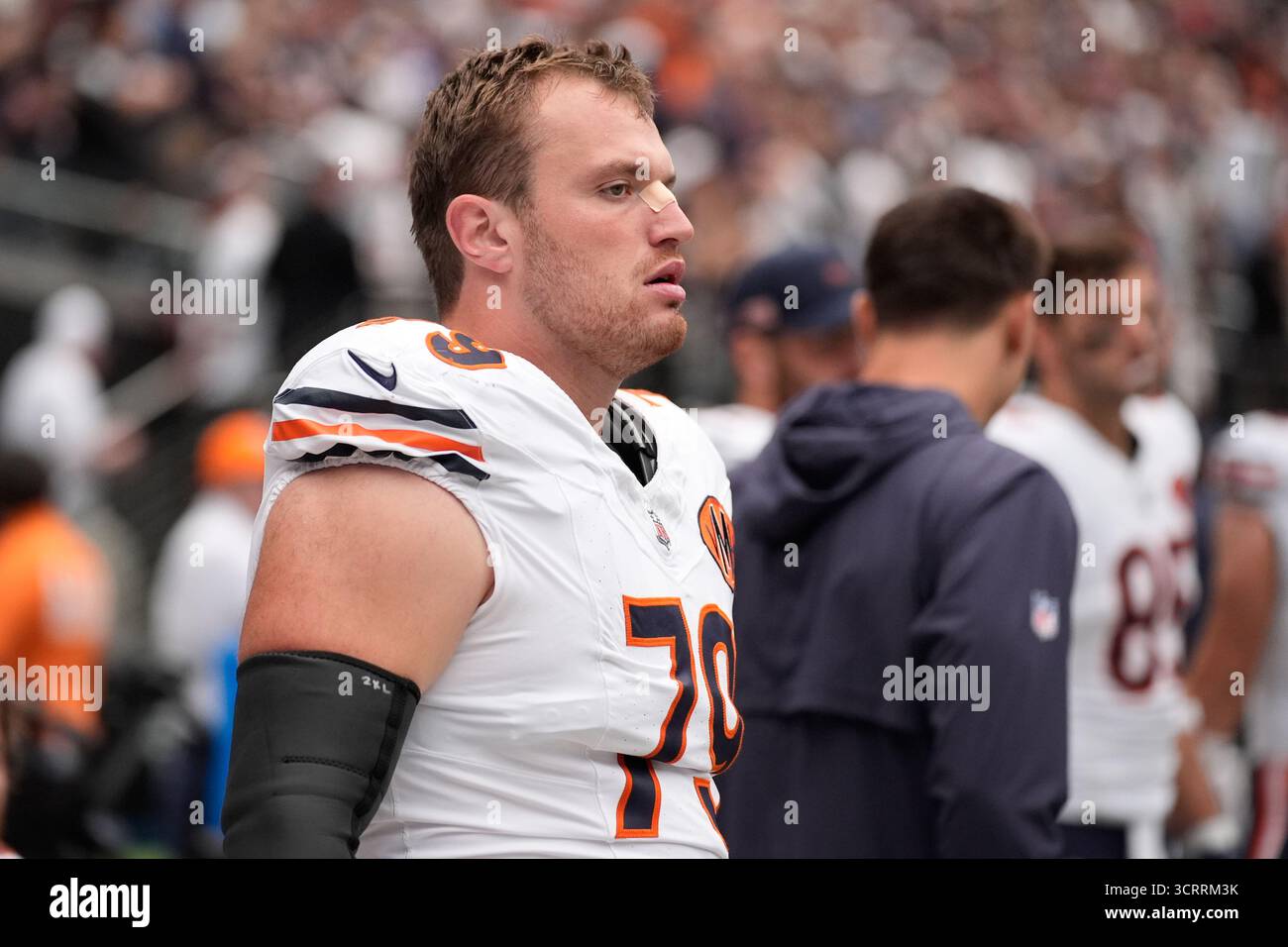 Chicago Bears offensive lineman Theo Benedet (79) before an NFL football game between the Las ...
