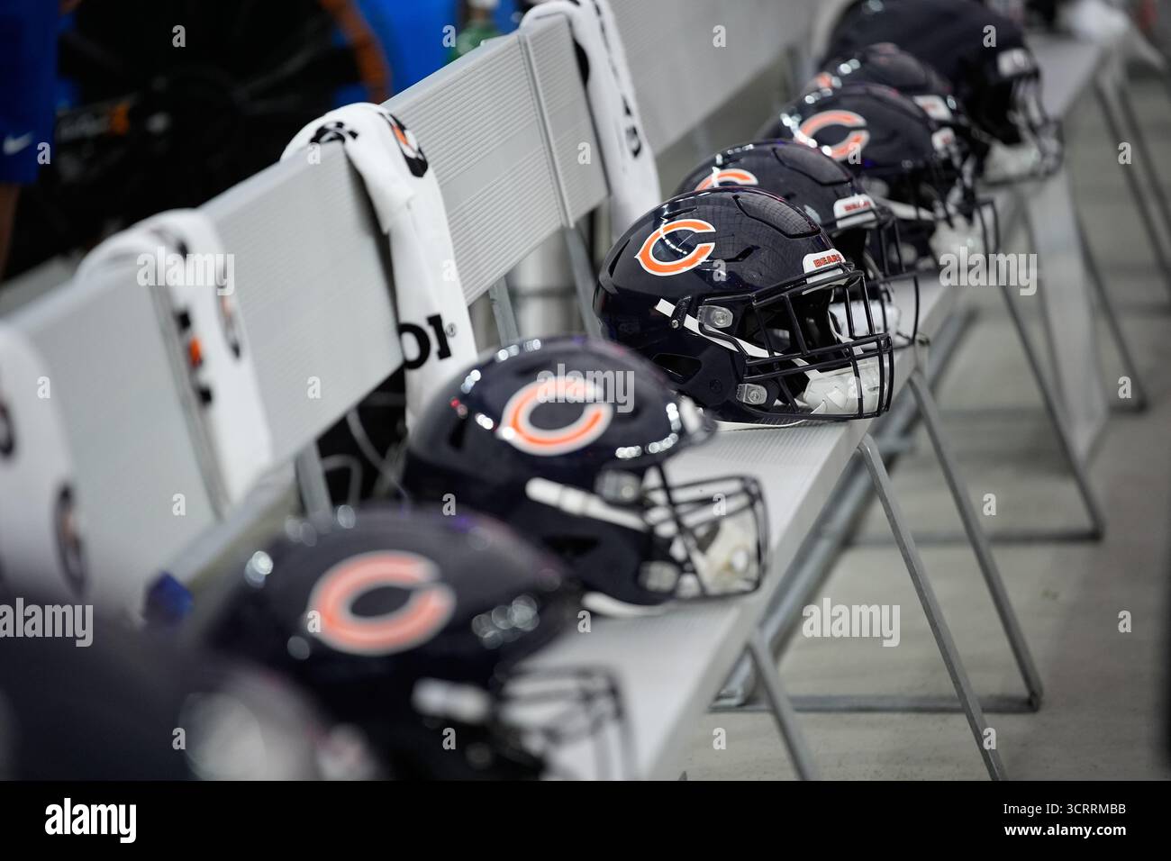 Chicago Bears helmets before an NFL football game between the Las Vegas ...