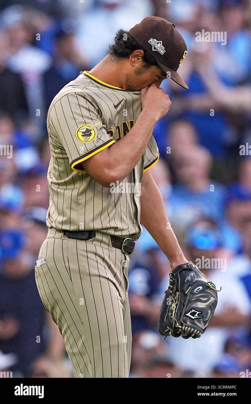 San Diego Padres' Yu Darvish reacts during the second inning of Game 3 ...