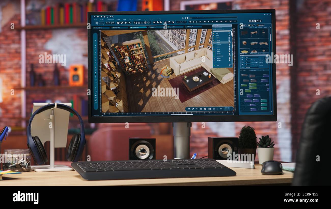 Architectural design software on computer in home office used for ...