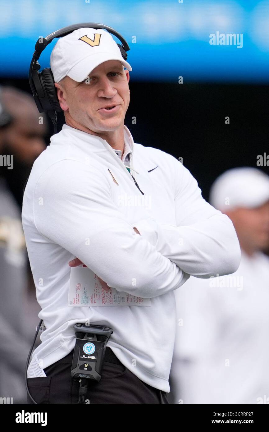 Vanderbilt head coach Clark Lea yells to an official during the first ...