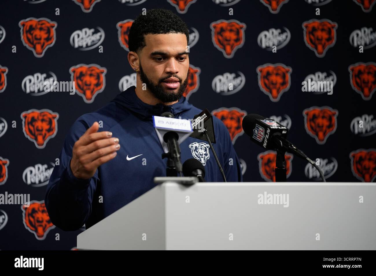 Chicago Bears quarterback Caleb Williams (18) speaks during a news ...