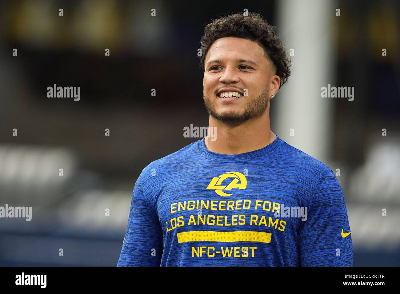 Los Angeles Rams running back Blake Corum warms up before an NFL football game against the San ...