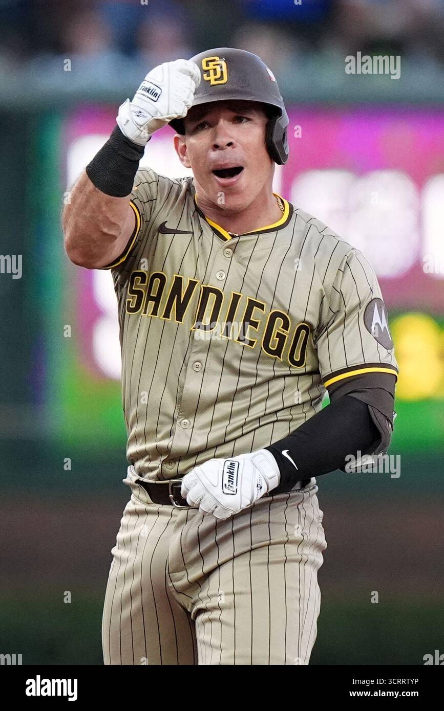 San Diego Padres' Freddy Fermin reacts after hitting a double during ...
