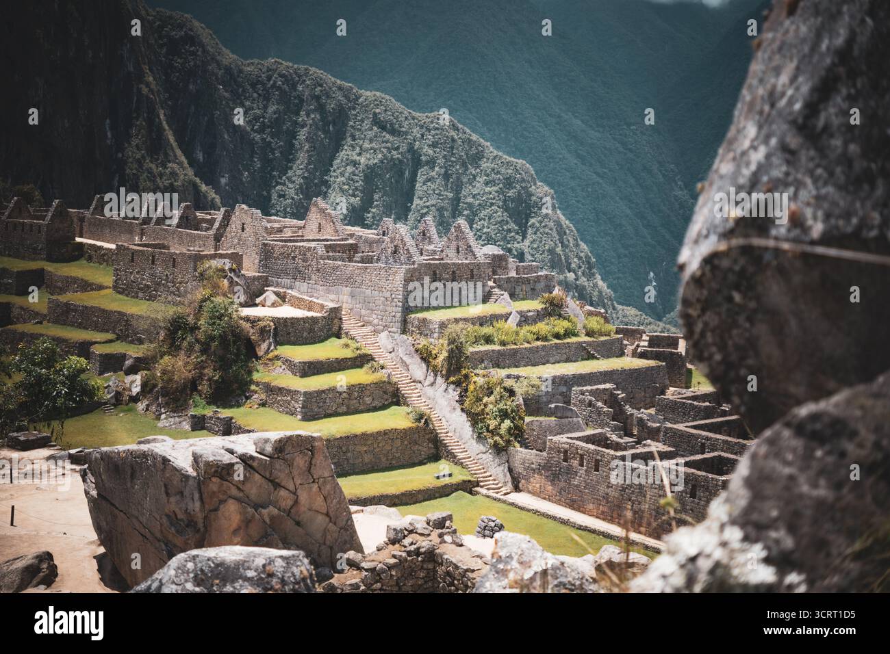 Inca stonework and agricultural terraces at Machu Picchu, Peru Stock ...