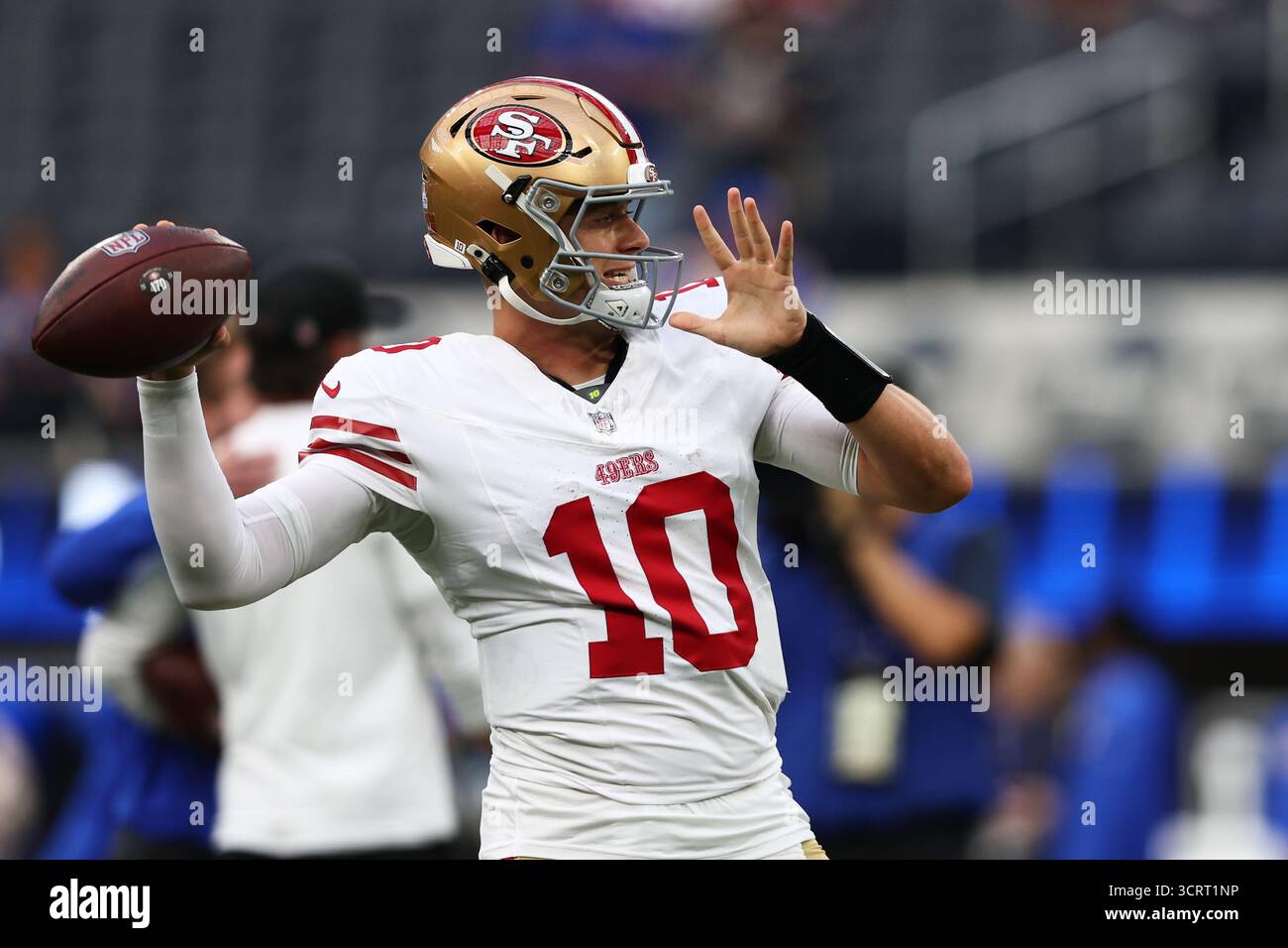 San Francisco 49ers quarterback Mac Jones warms up before an NFL ...