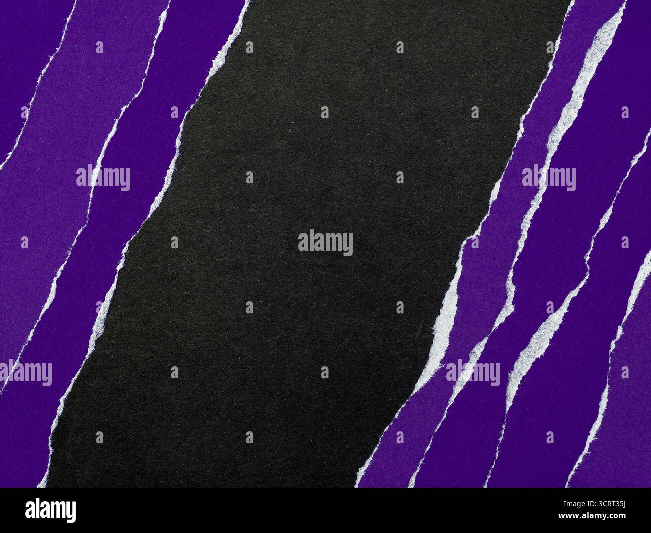 Strips of torn purple paper with wavy, irregular edges reveal a black ...