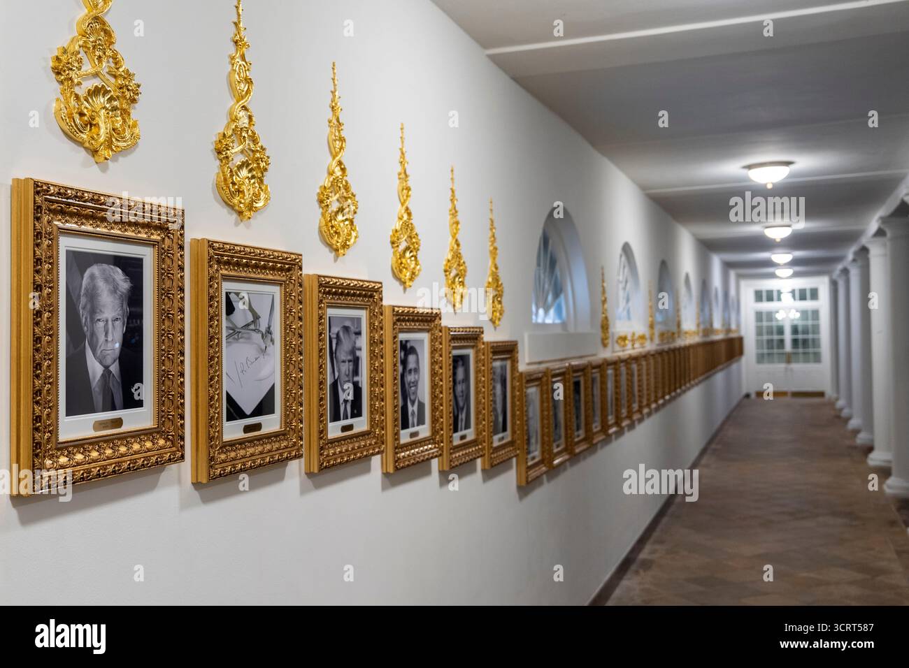 Portraits of presidents line the Colonnade of the White House, Thursday ...