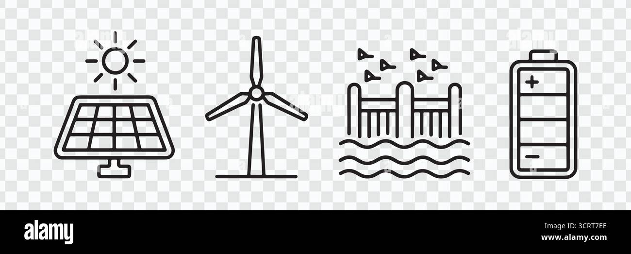 Renewable energy sources and storage technology icons graphic ...