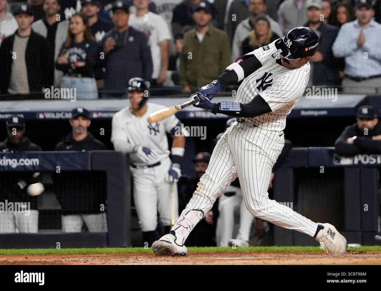 New York Yankees Austin Wells hits a two-rbi single in the fifth inning against the Boston Red ...