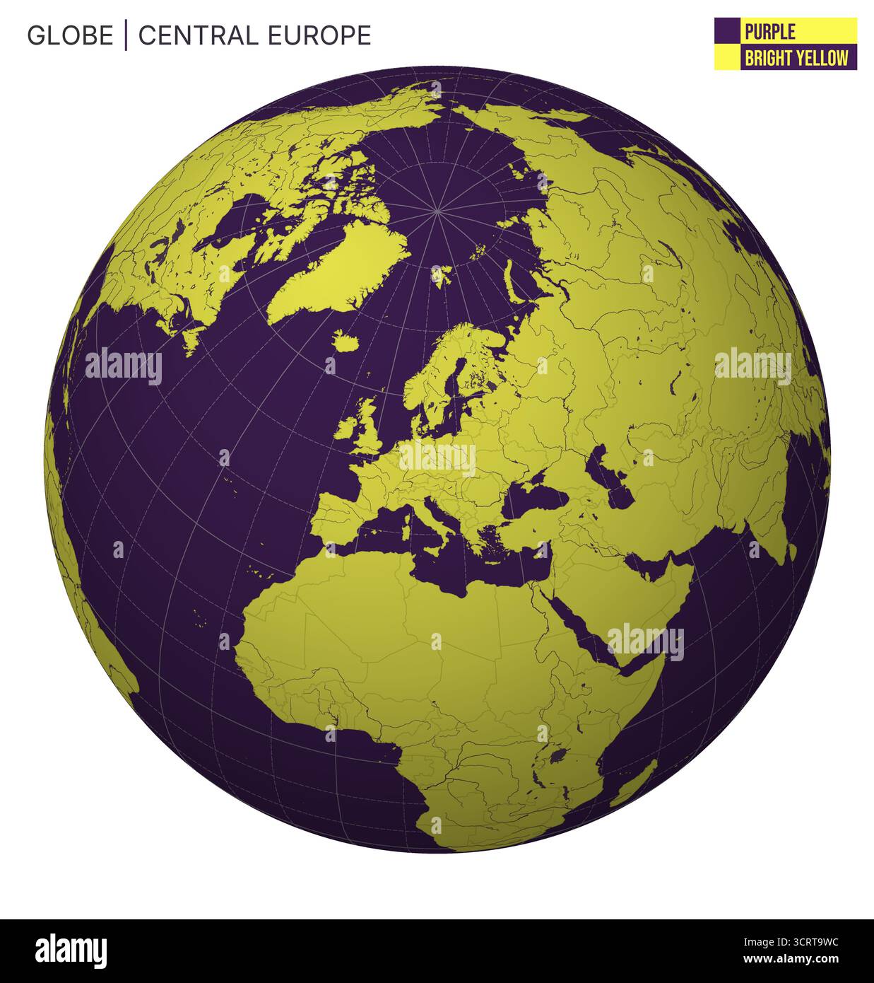 Vector globe centered on Central Europe. Purple and bright yellow ...