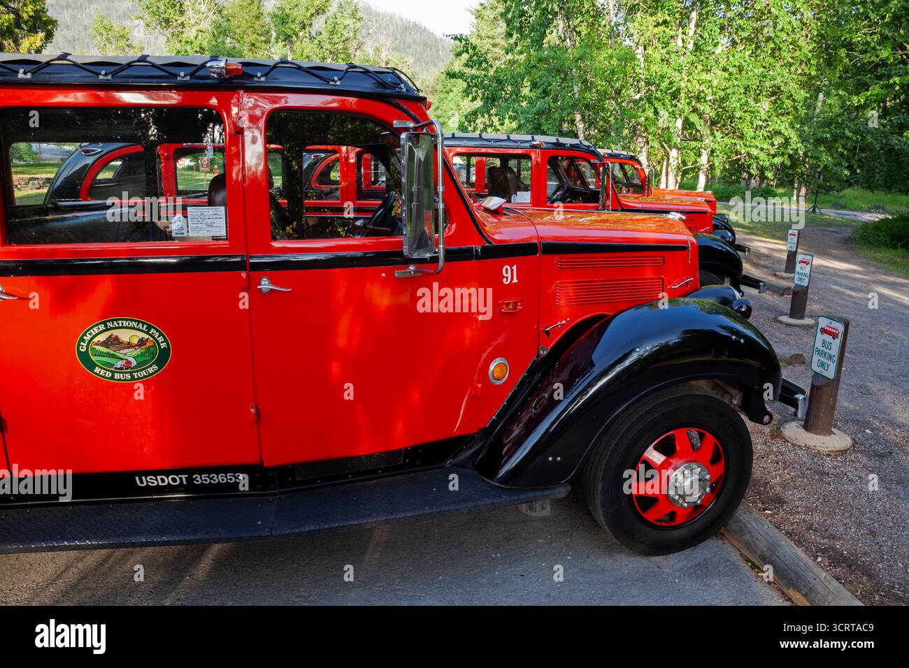 Three Glacier National Park Red Buses parked at the Lake McDonal Lodge ...