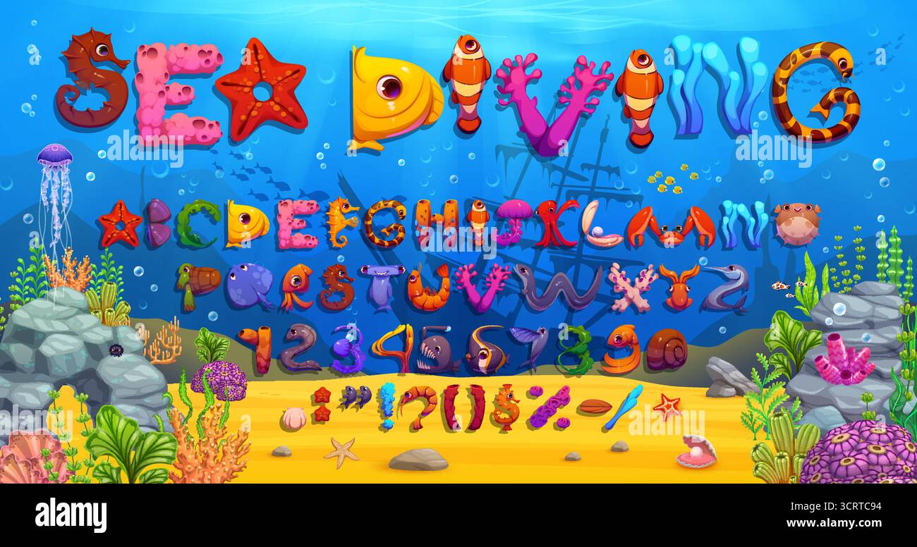 Underwater font, cartoon sea animals type, funny ocean characters ...