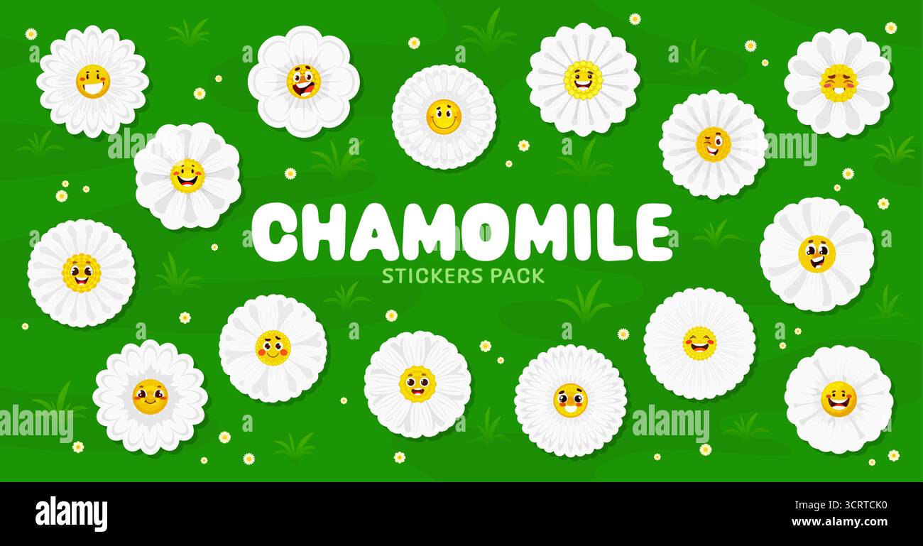 Cartoon chamomile stickers with daisy flower faces. Camomile bloom ...