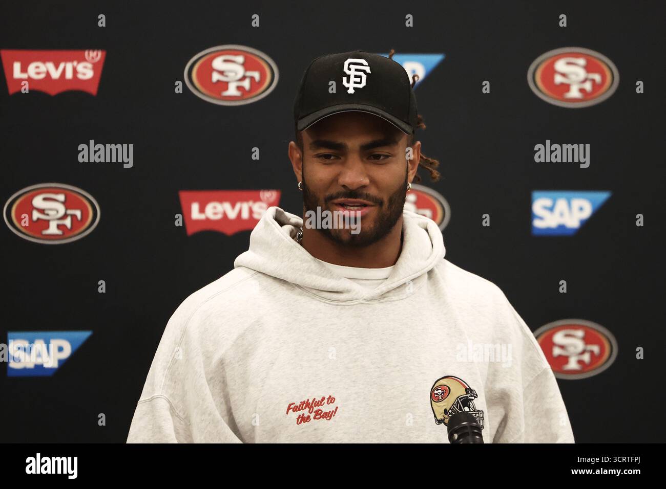San Francisco 49ers middle linebacker Fred Warner speaks at a news ...