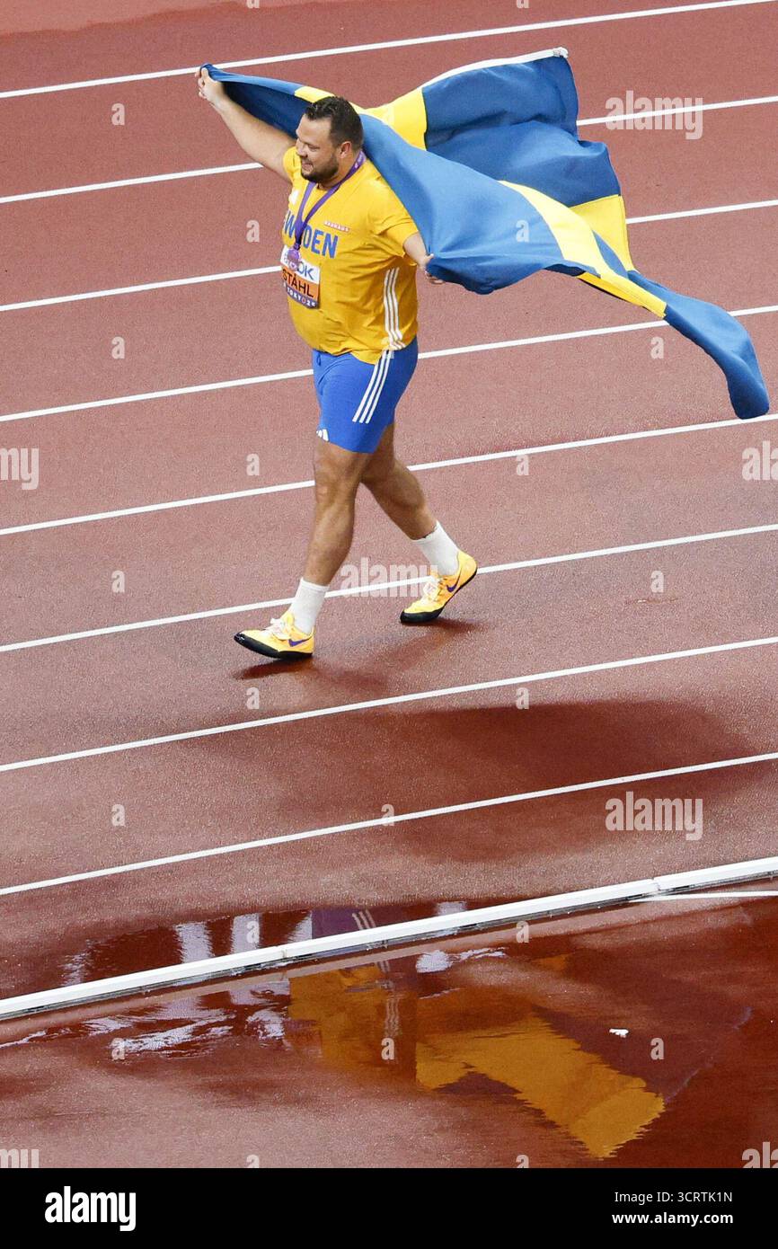 Daniel Stahl of Sweden celebrates after winning the men's discus throw ...