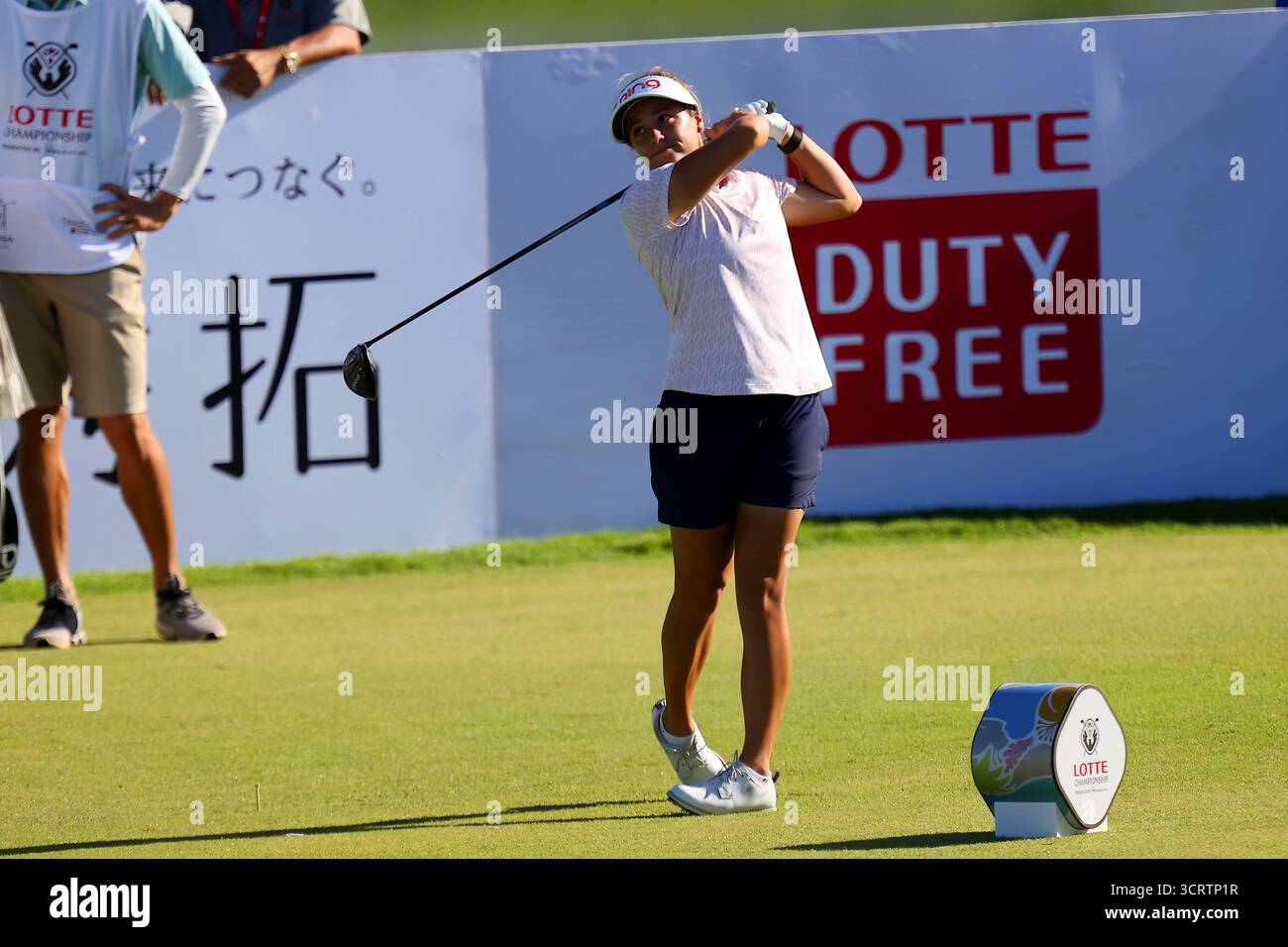 October 2, 2025 - Amanda Doherty tees off during the second round of ...