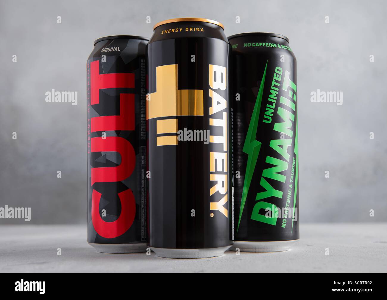 LONDON,UK - JULY 24,2025: Aluminium cans of Battery plus and Cult and ...