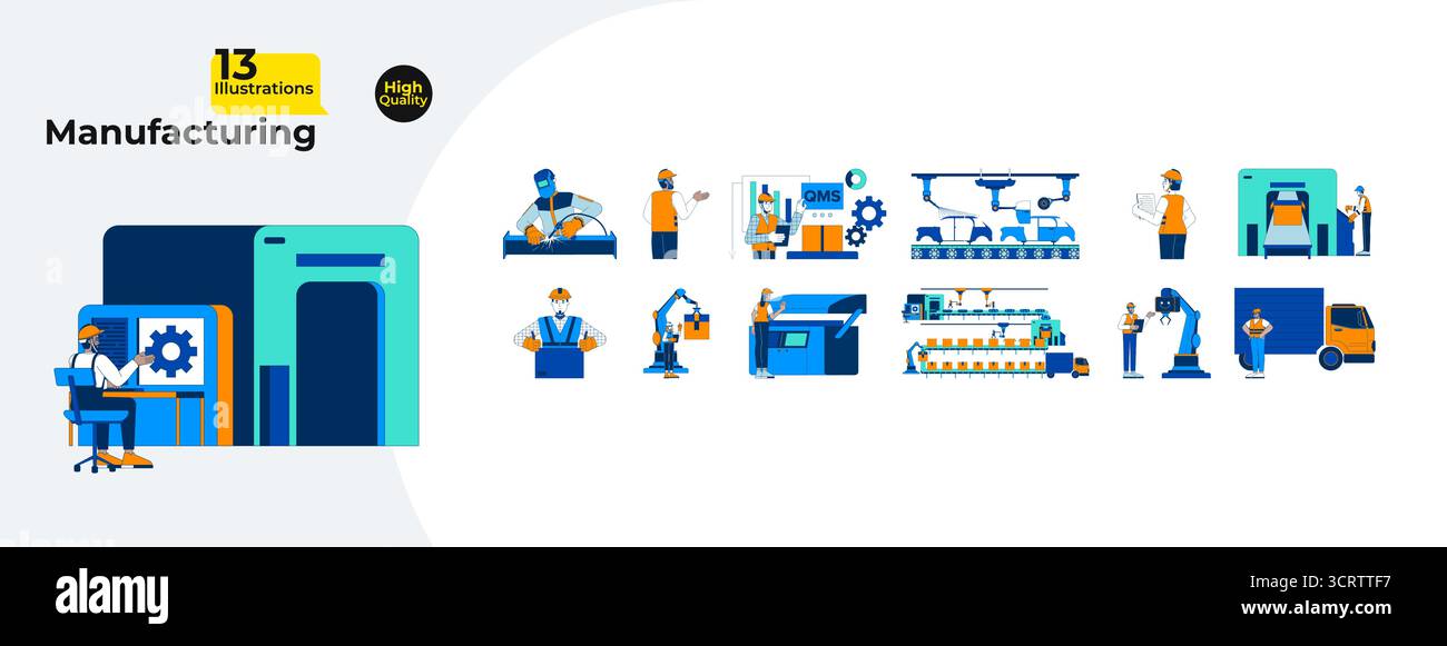 Industrial manufacturing and quality control cartoon flat illustrations ...