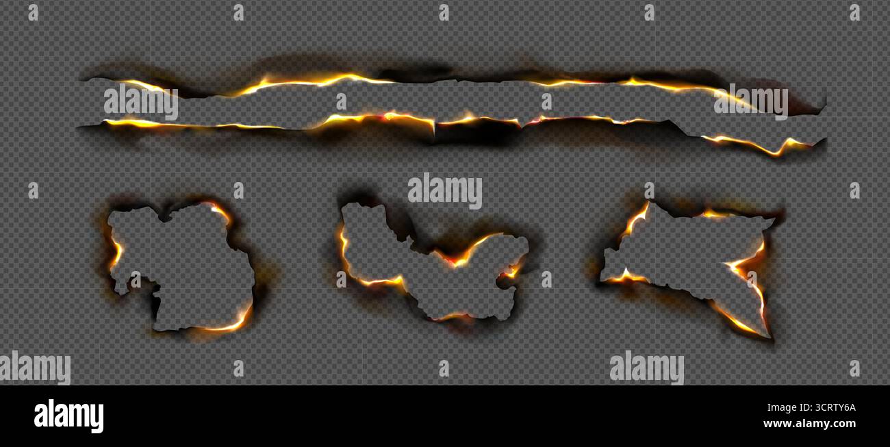 Paper strips with burn edge patterns and fiery glow for vintage effects ...