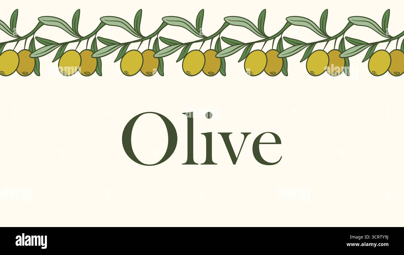 Horizontal banner with border of olive branches. Ripe olives on branch ...