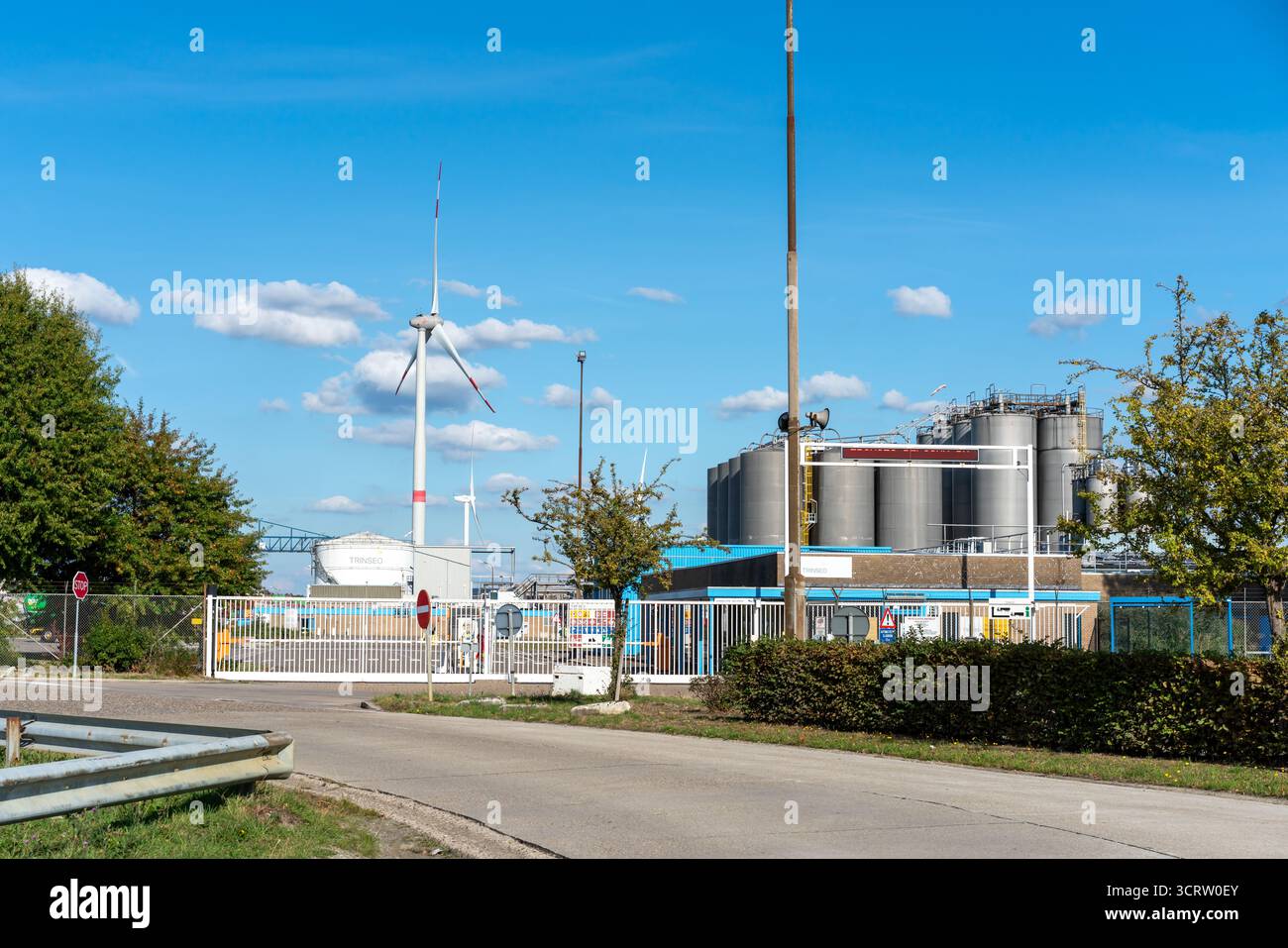 Entrance of the Trinseo chemical production site with silos, storage ...