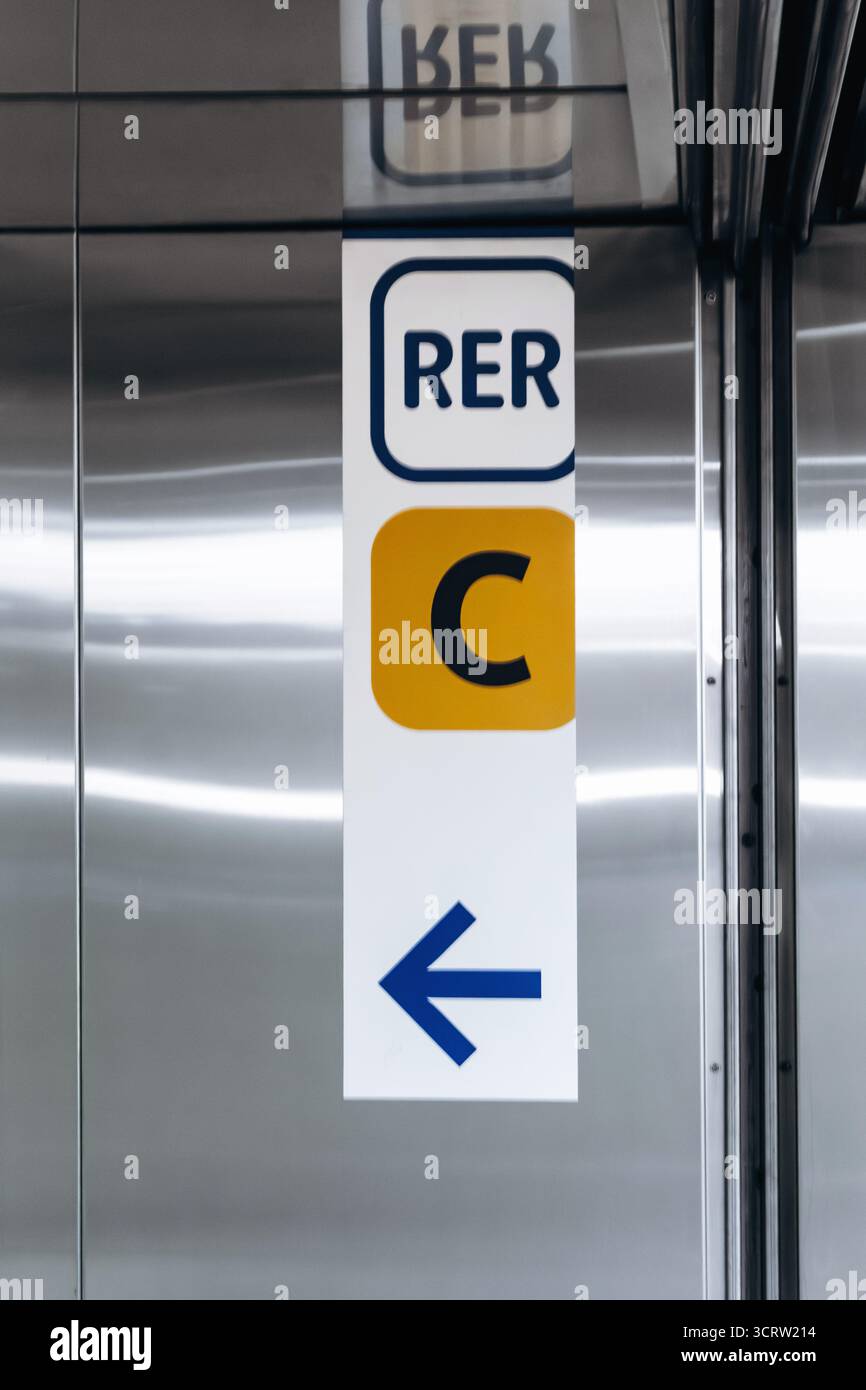 Paris, France - September 7, 2025: Directional sign inside the Paris ...