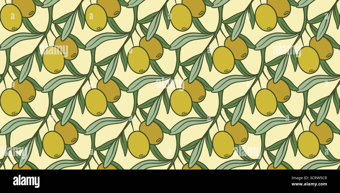 Olive branches with green fruits, seamless pattern. Solid background ...