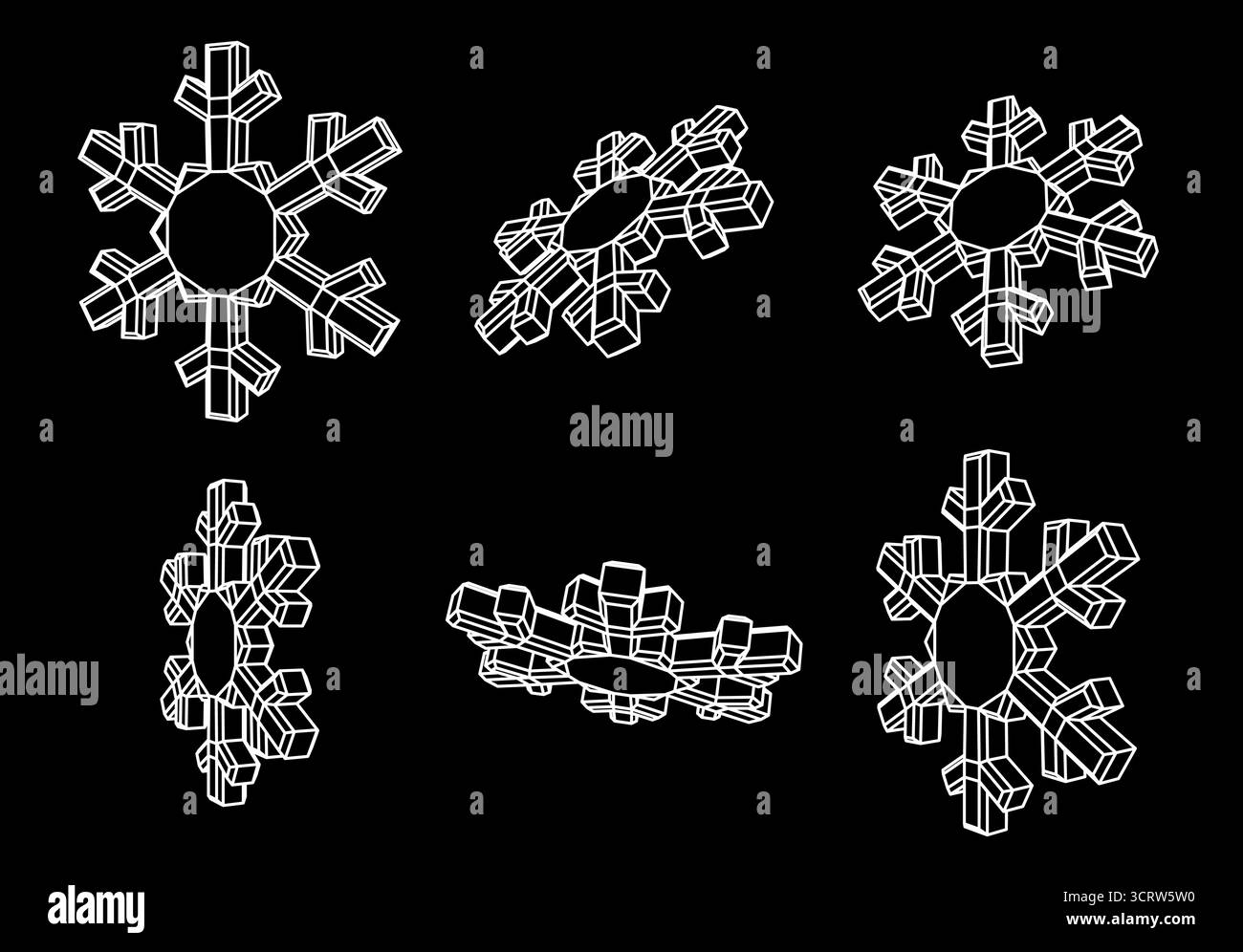 3D geometric snowflakes set, wireframe grid in white on black ...