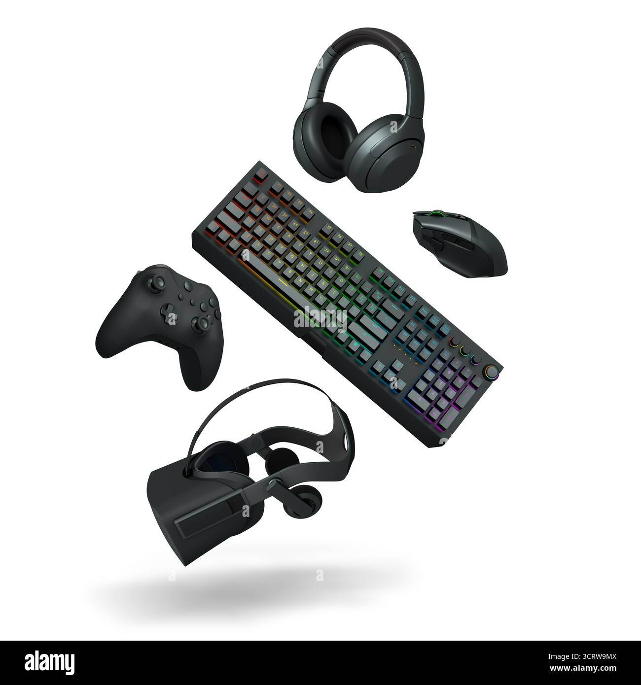 Gaming keyboard, mouse, controller and headphones floating in air ...