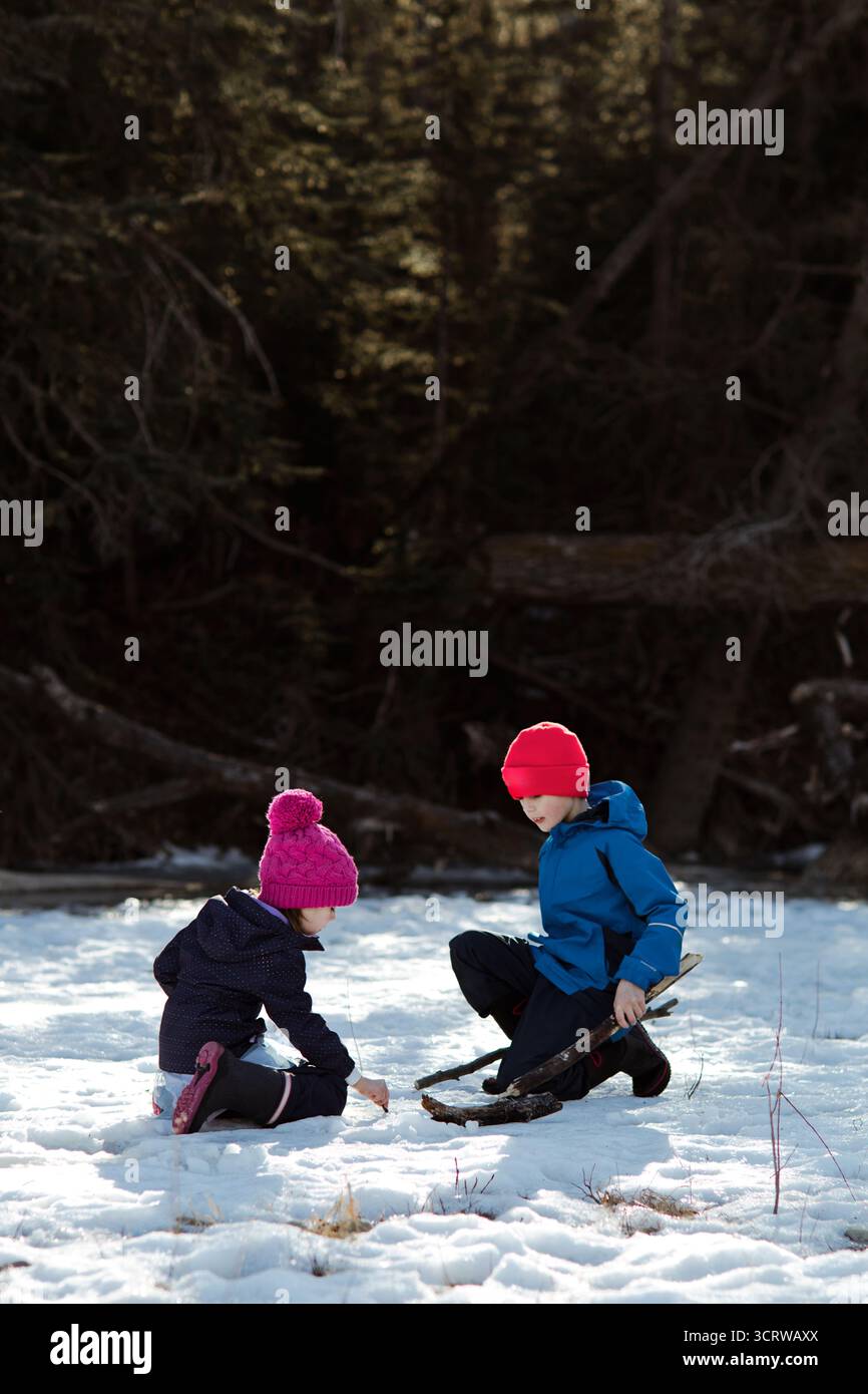 Children Playing in Snow with Sticks in a Winter Forest Stock Photo - Alamy
