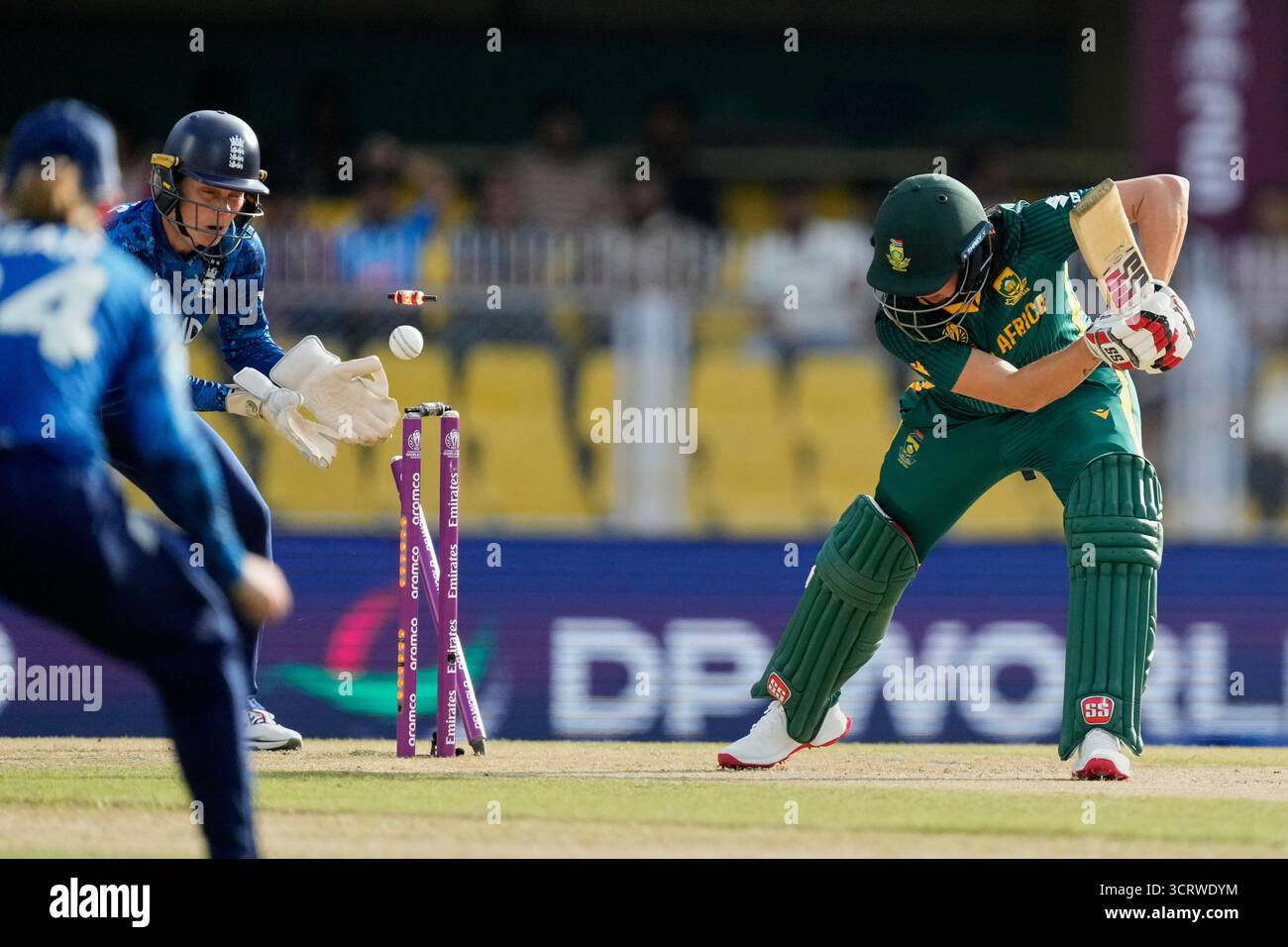 South Africa's Tazmin Brits is bowled out by England's Linsey Smith ...