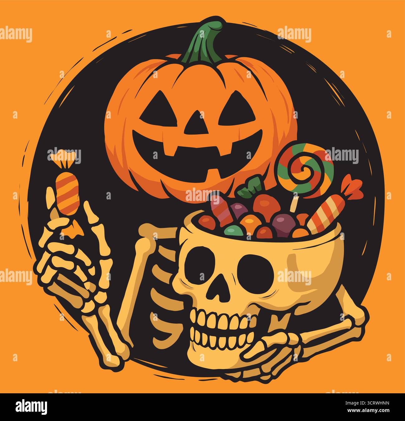 Spooky Halloween Illustration with Smiling Pumpkin, Skeleton Hands, and ...