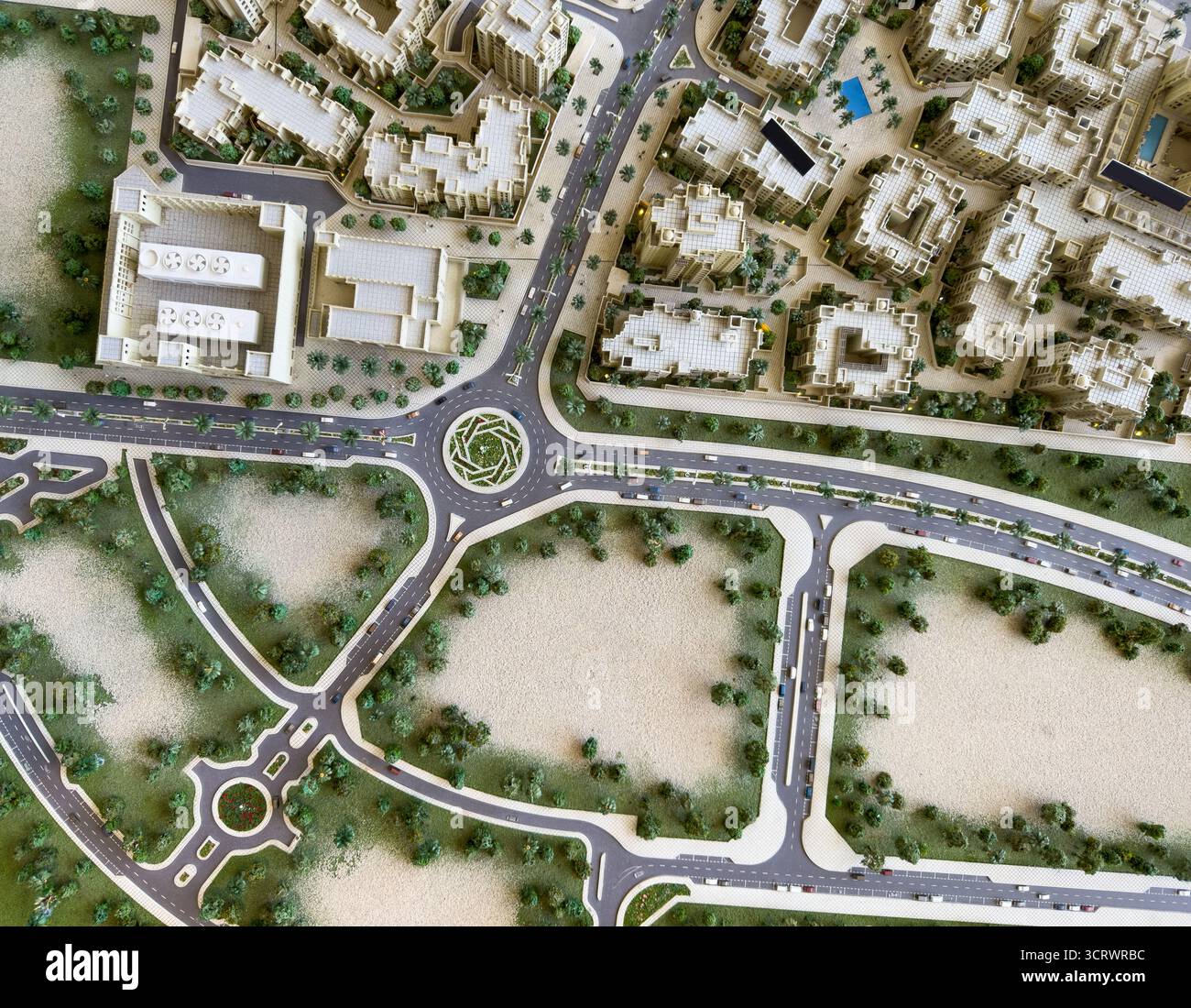 Aerial view of modern highway interchange with green landscaping and ...