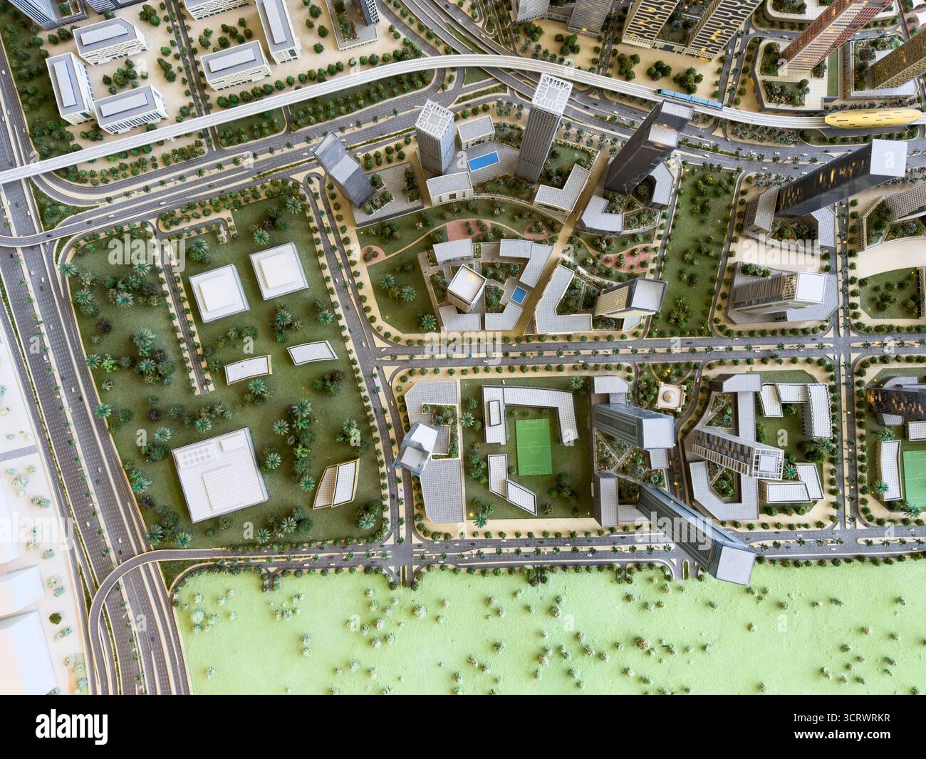 Aerial city model of Dubai residential area with streets, roundabout ...