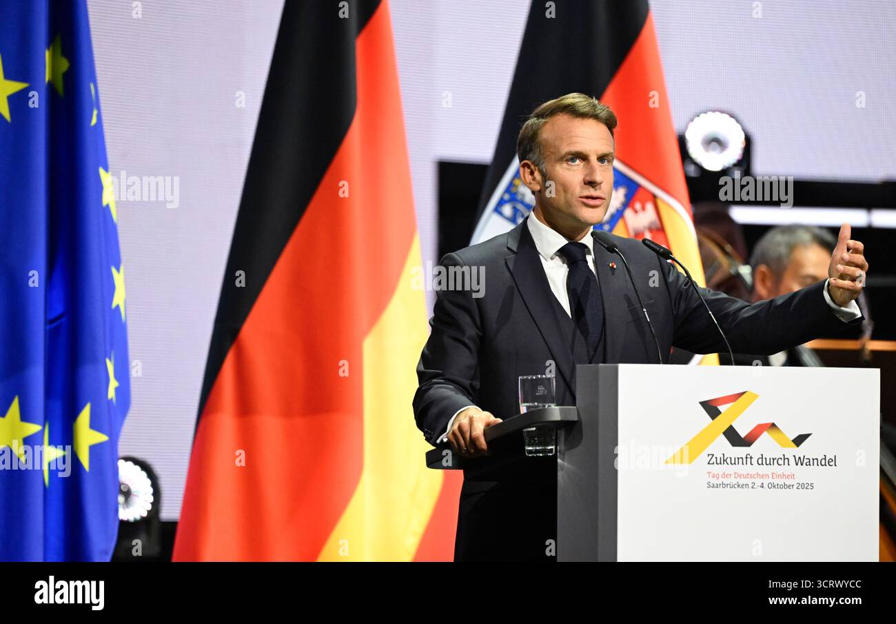 03 October 2025, Saarland, Saarbrücken: French President Emmanuel ...