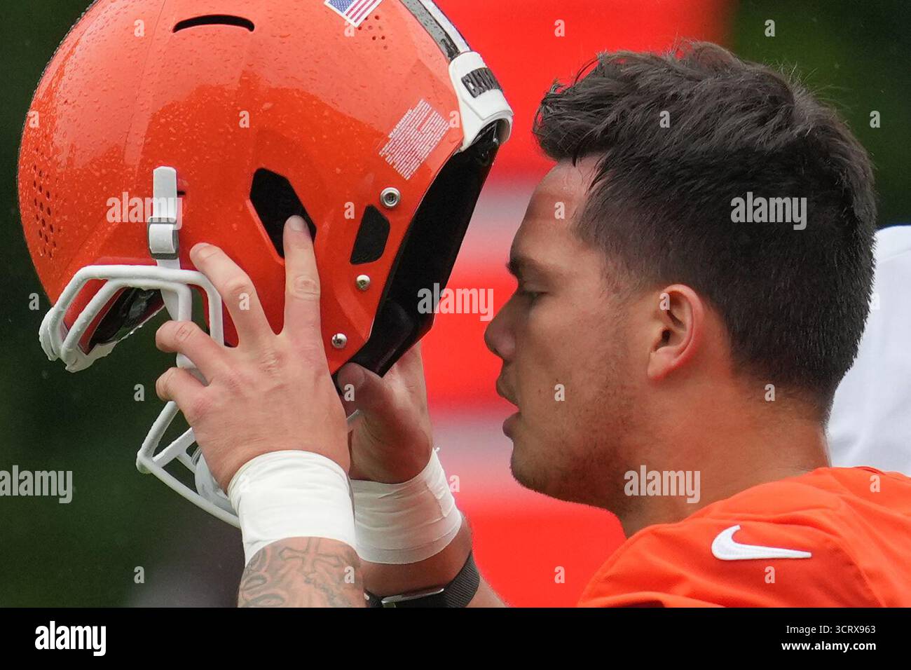 Cleveland Browns quarterback Dillon Gabriel (8) attends an NFL football ...