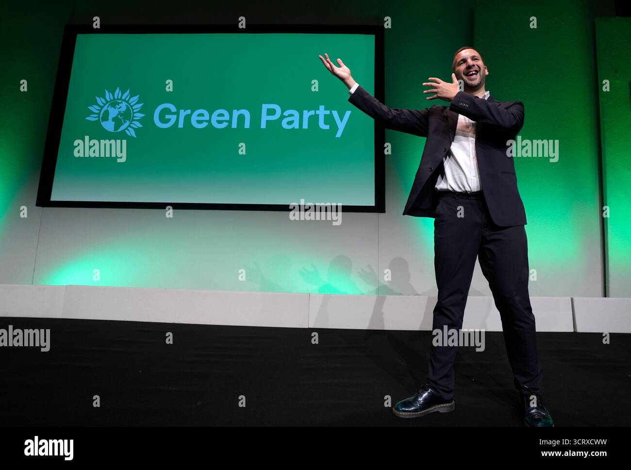 Green Party leader Zack Polanski welcomes his partner Richie Bryan onto ...