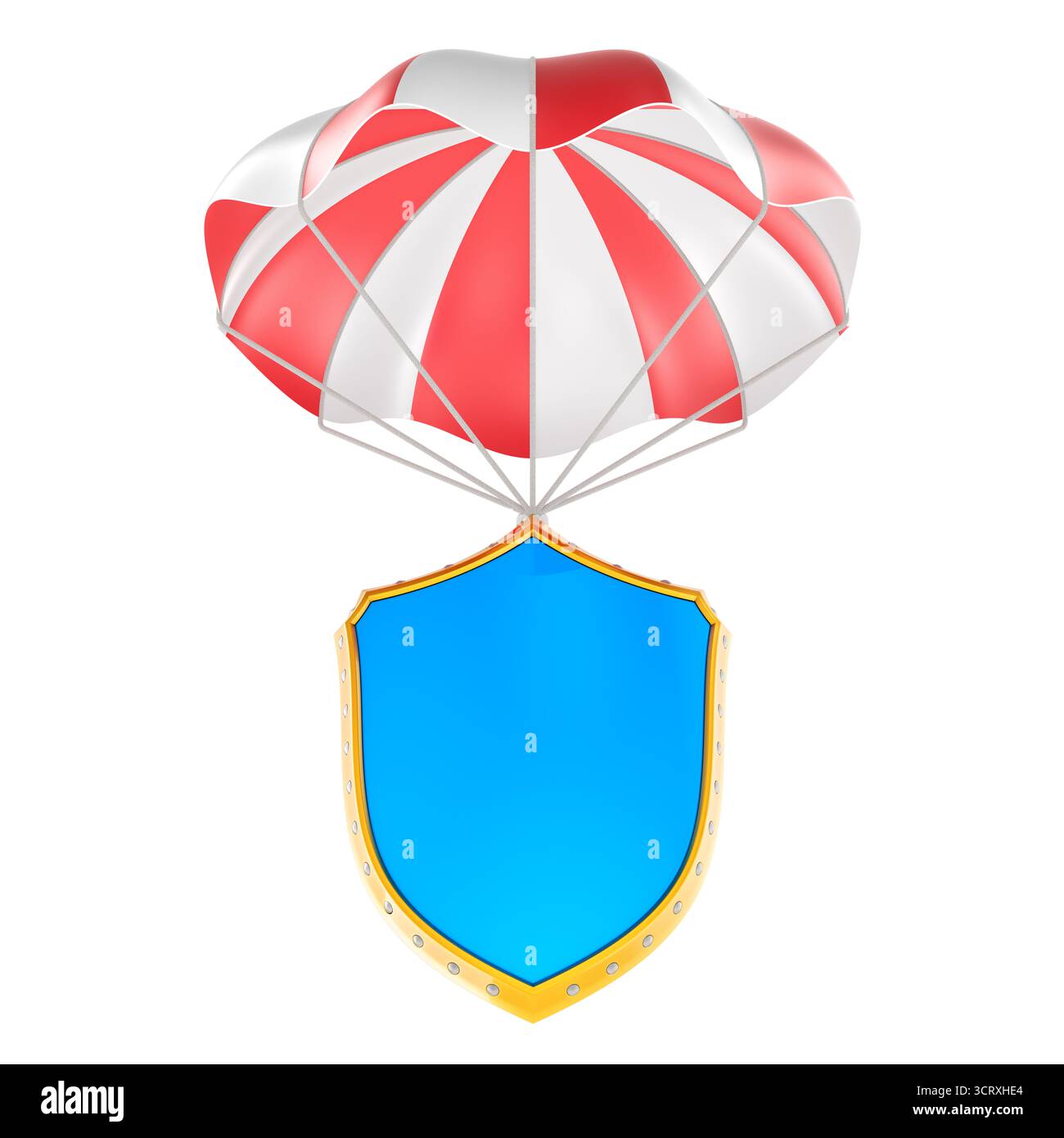 Parachute with blue shield. 3D rendering isolated on white background ...