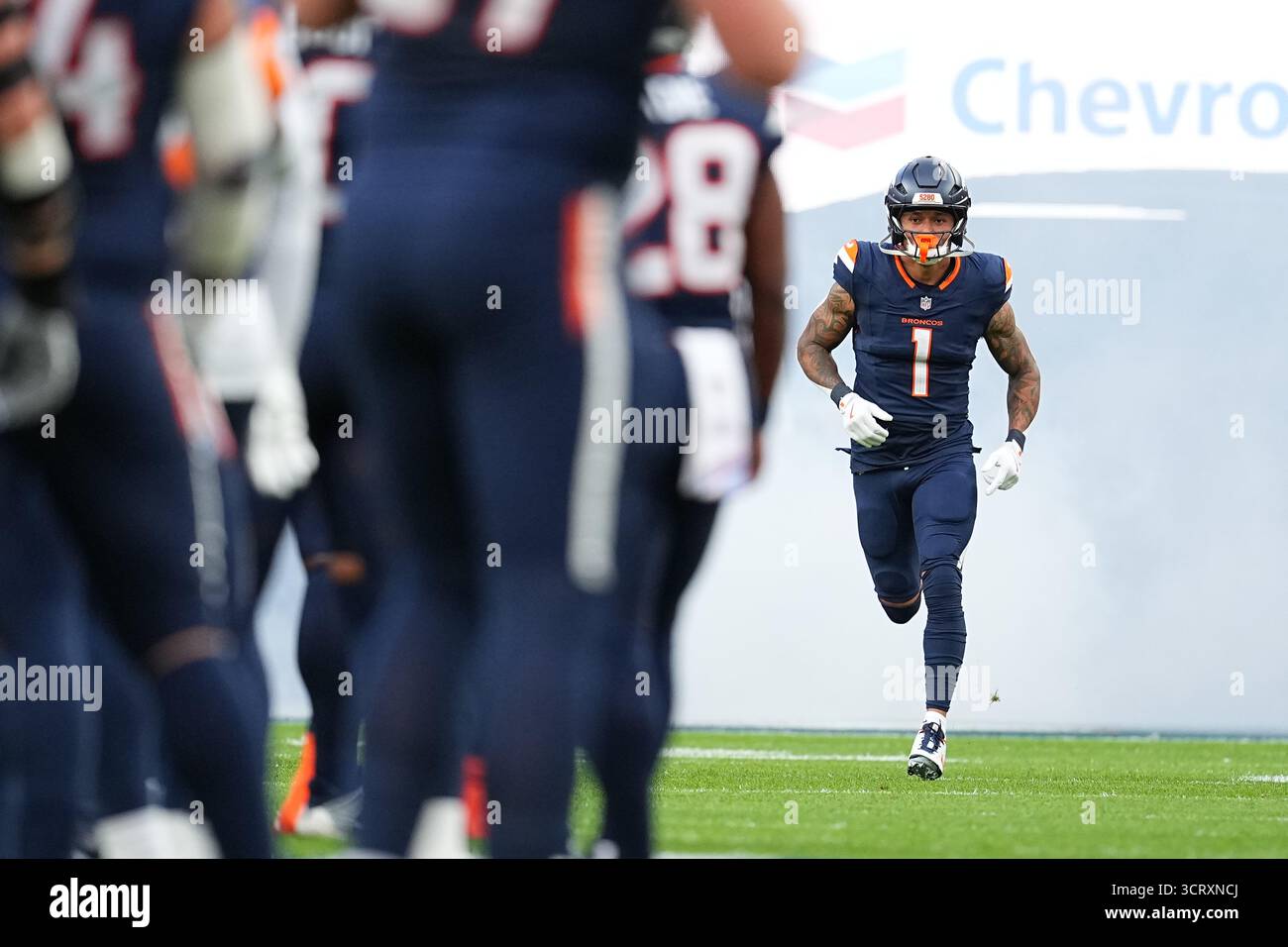 Denver Broncos tight end Evan Engram (1) prior to the game against the ...