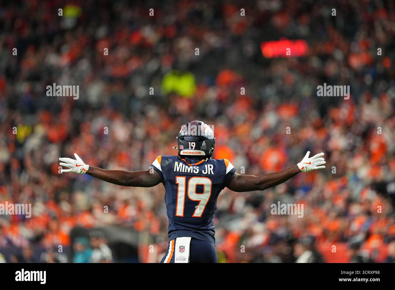 Denver Broncos wide receiver Marvin Mims Jr. (19) reacts to a play ...