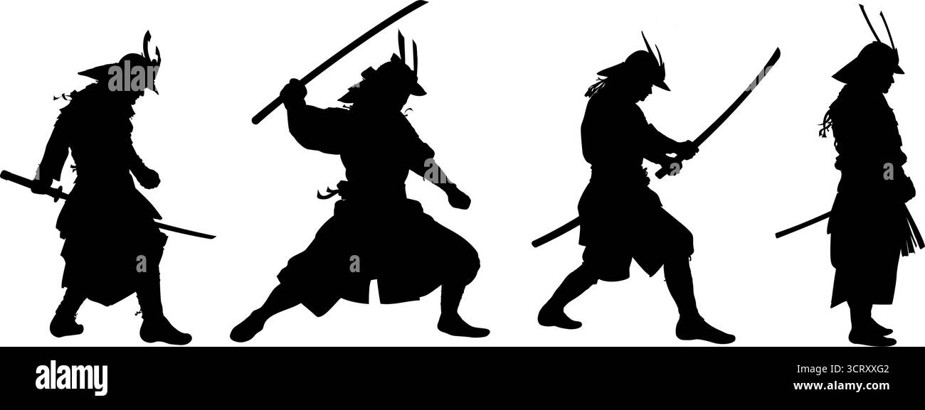 Set of 4 samurai warriors in fighting poses silhouettes Stock Vector ...