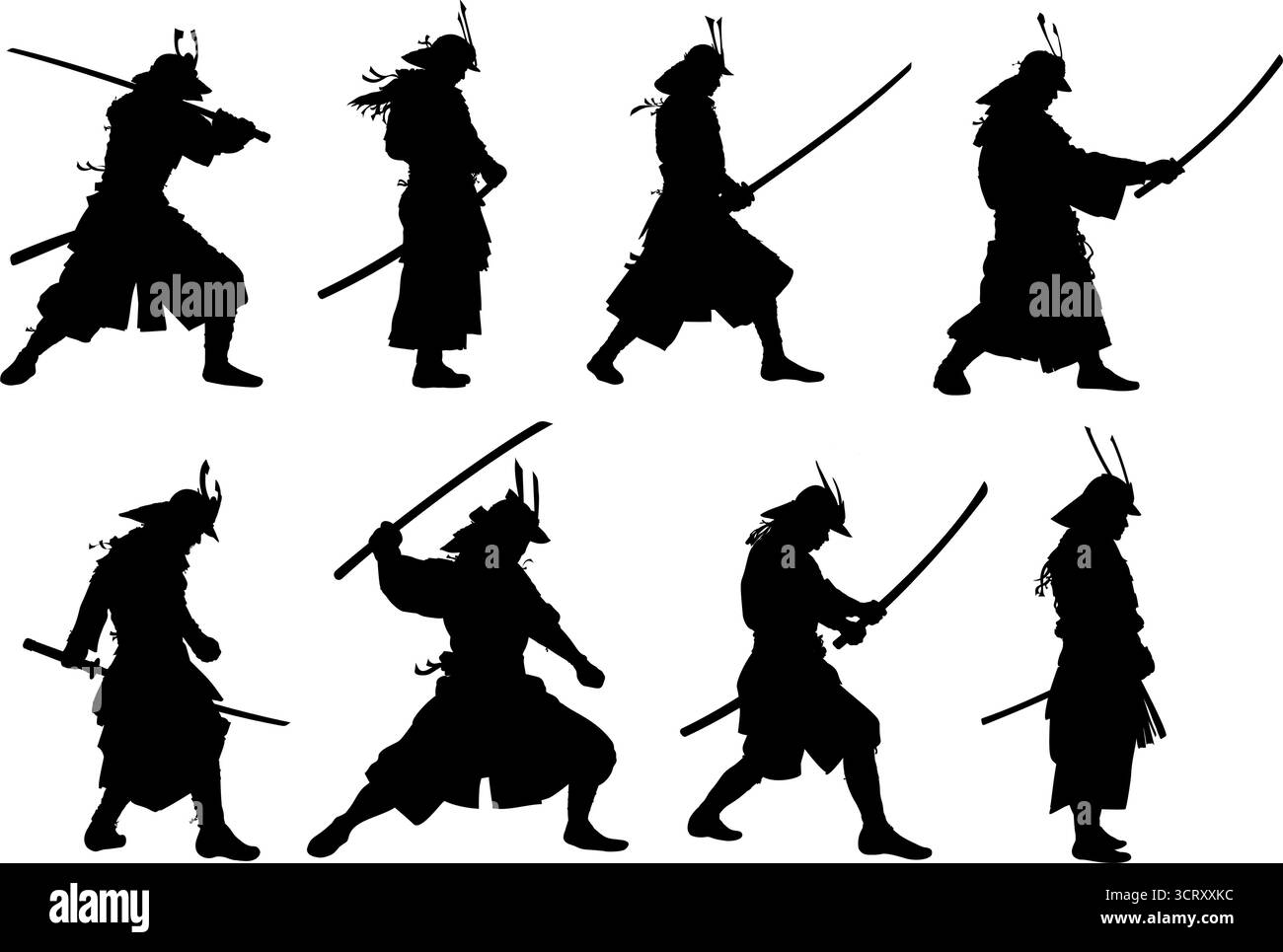 Set of samurai warriors in fighting poses silhouettes Stock Vector ...