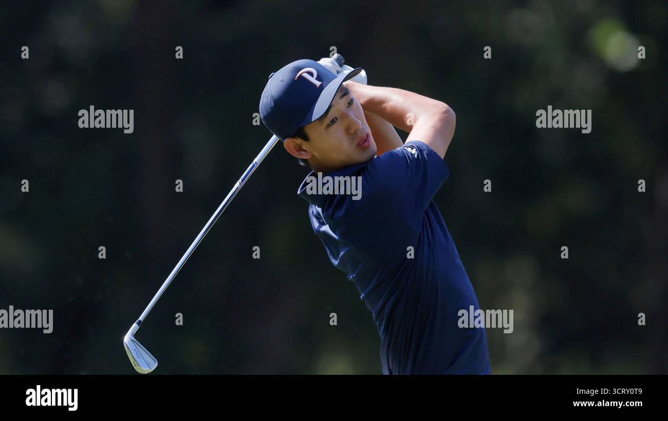 Pepperdine golfer Carson Kim tees off during the Ben Hogan Collegiate ...