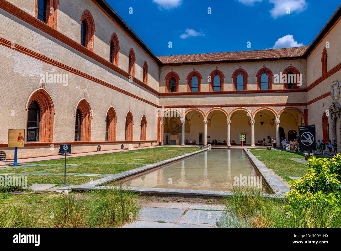 People visiting the garden and pond in the Ducal Courtyard, Sforzesco ...