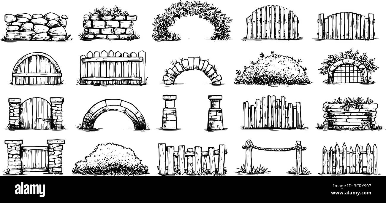 Hand drawn doodle icons set of stone and brick wall designs for ...