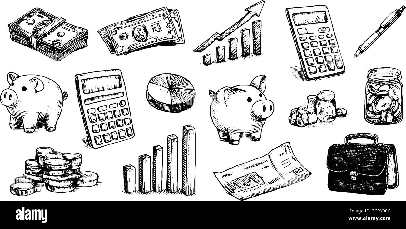 Hand drawn doodle icons set: wallets, coins, piggy banks, and financial ...